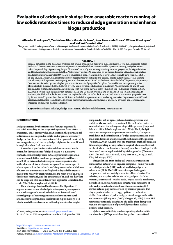 (PDF) Evaluation of acidogenic sludge from anaerobic reactors running at low solids retention ...