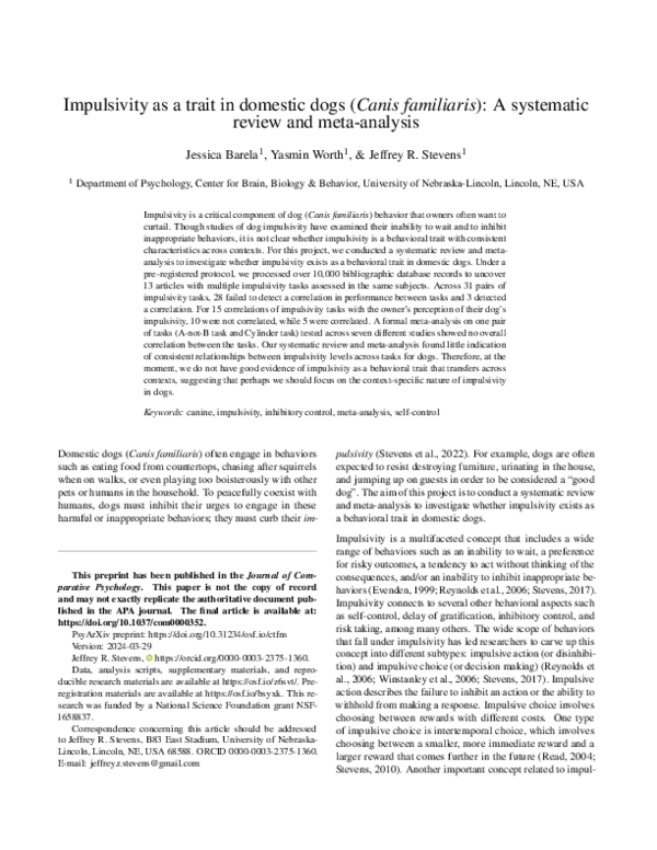 (PDF) Impulsivity as a trait in domestic dogs (Canis familiaris): A ...
