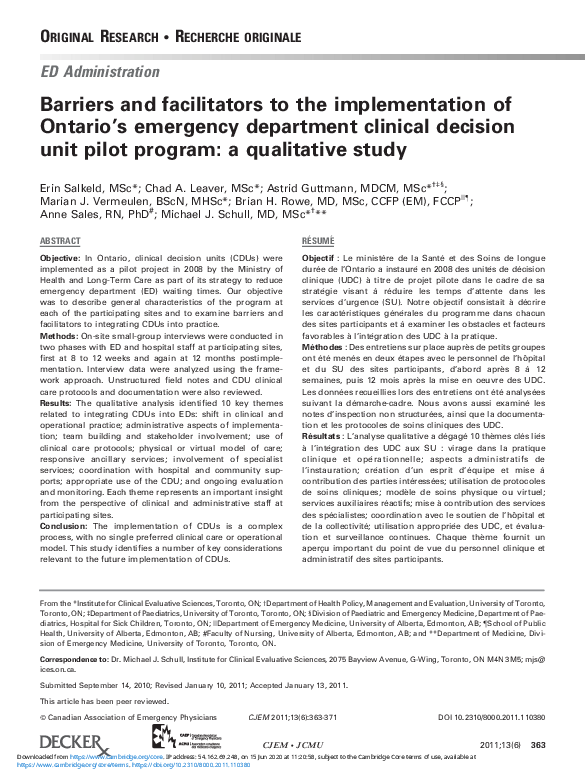 (PDF) Barriers and facilitators to the implementation of Ontario's emergency department clinical ...