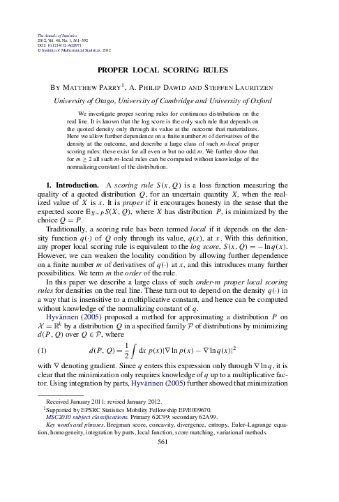 (PDF) Proper local scoring rules | Philip Dawid - Academia.edu
