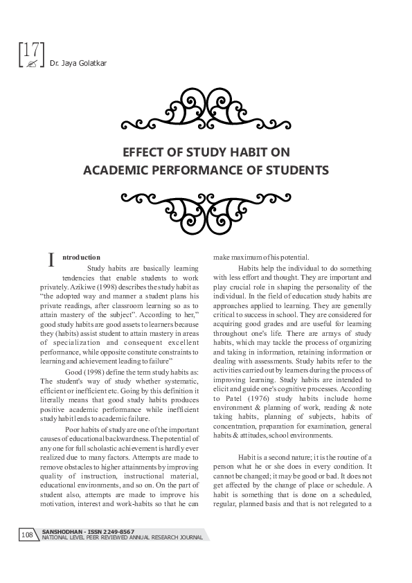 (PDF) Effect of Study Habit on Academic Performance of Students