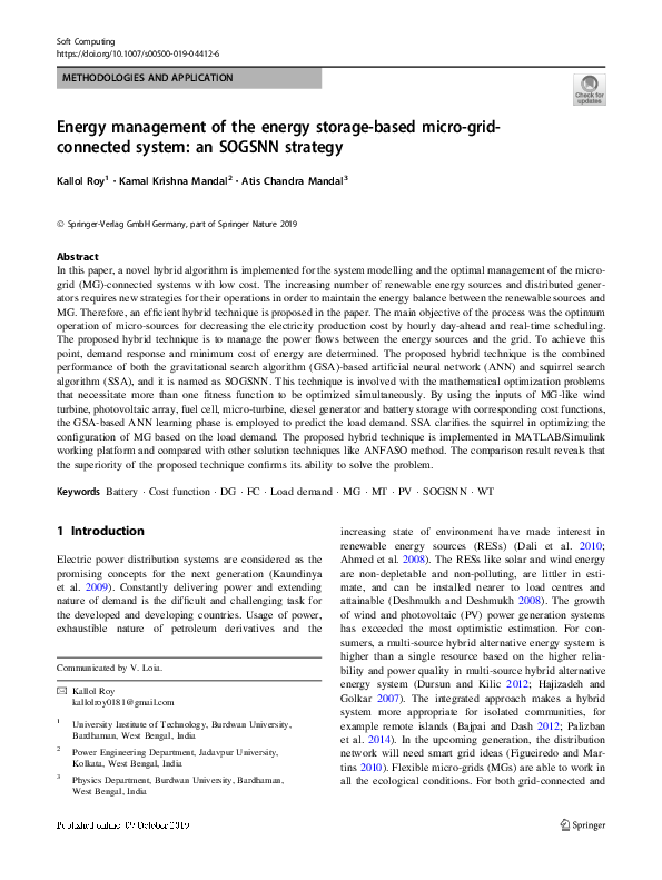 (PDF) Energy management of the energy storage-based micro-grid-connected system: an SOGSNN strategy