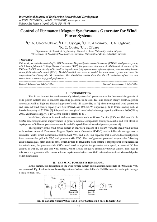 Pdf Control Of Permanent Magnet Synchronous Generator For Wind Power