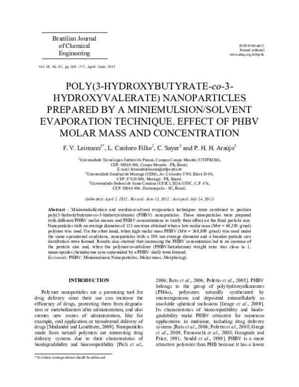 (PDF) Poly(3-hydroxybutyrate-co-3- hydroxyvalerate) nanoparticles prepared by a miniemulsion ...