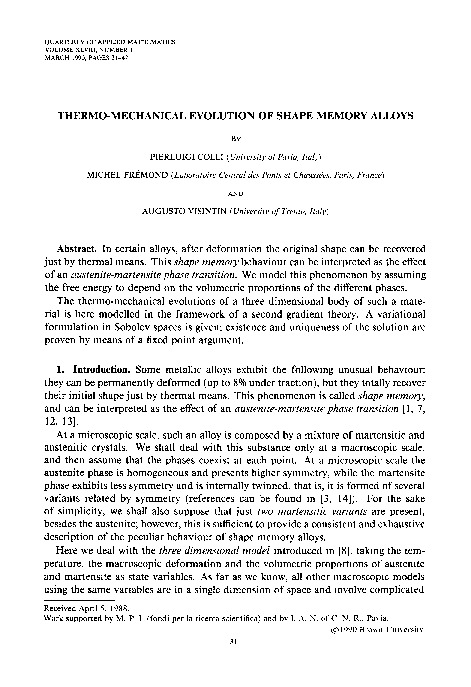 (PDF) Modeling Thermo-mechanical Behavior of Shape Memory Alloys