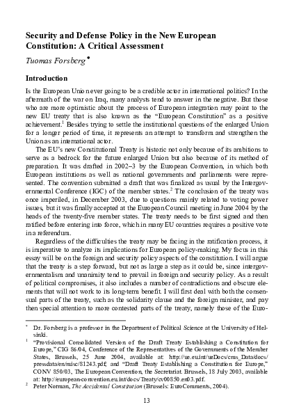 (PDF) Security and Defense Policy in the New European Constitution: A ...