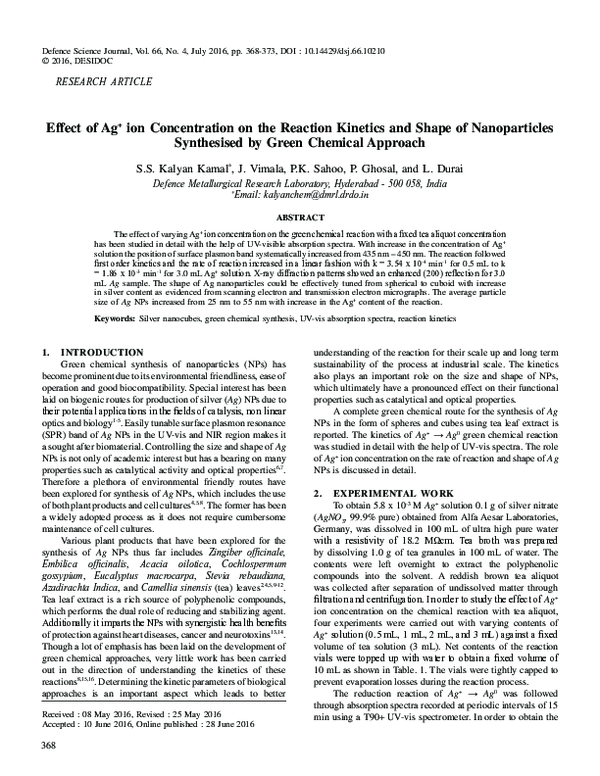 (PDF) Effect of Ag+ ion Concentration on the Reaction Kinetics and Shape of Nanoparticles ...