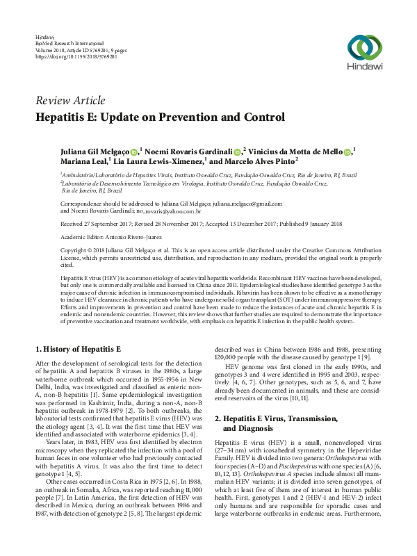 (PDF) Hepatitis E: Update on Prevention and Control