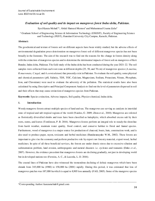 (PDF) Evaluation of soil quality and its impact on mangroves forest Indus delta, Pakistan