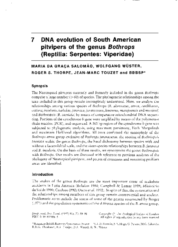 (PDF) Salomão, M.G., W. Wüster, R.S. Thorpe & BBBSP (1997) DNA ...