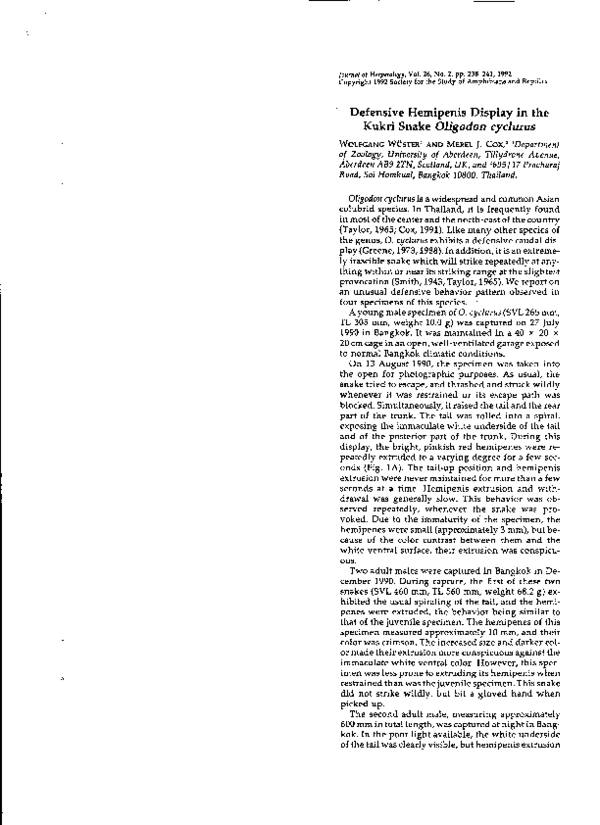 (PDF) Wüster, W. & M.J. Cox (1992) Defensive hemipenis display in the ...