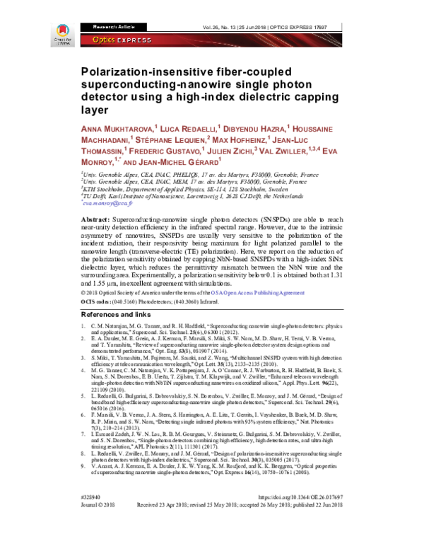 Pdf Polarization Insensitive Fiber Coupled Superconducting Nanowire Single Photon Detector