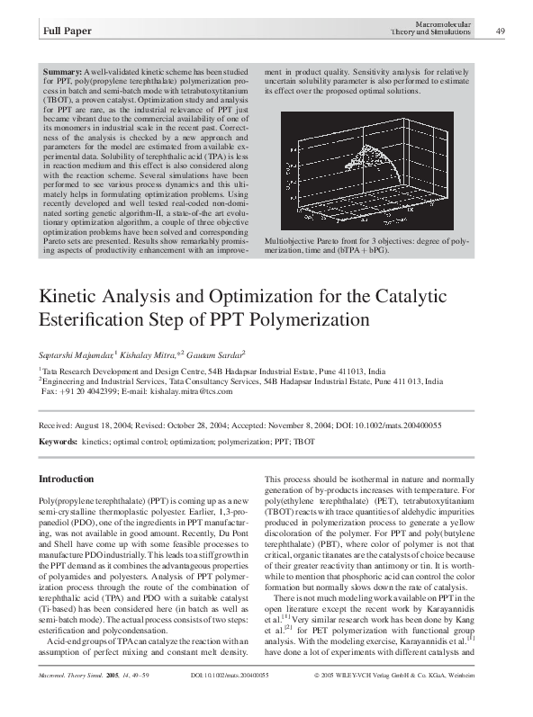 (PDF) Kinetic Analysis and Optimization for the Catalytic Esterification Step of PPT Polymerization