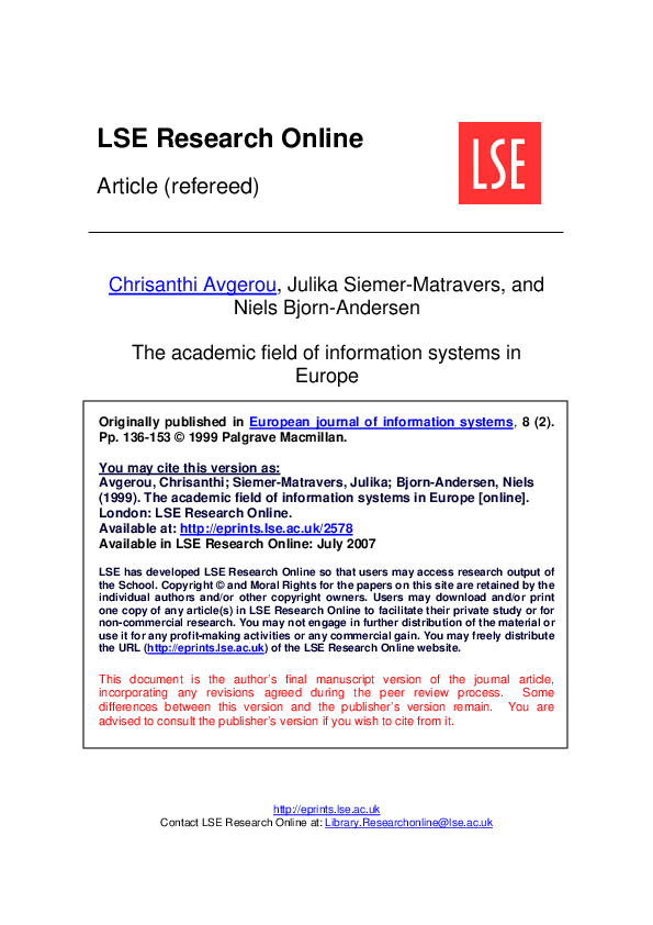 (PDF) The academic field of information systems in Europe