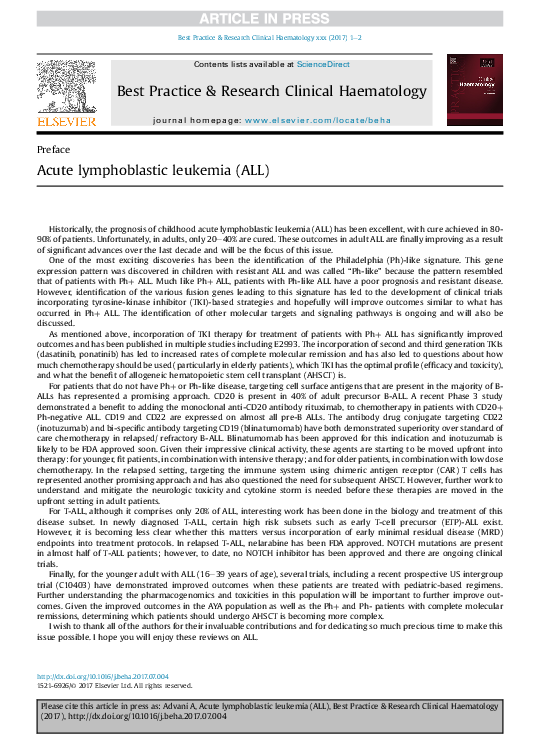 Pdf Acute Lymphoblastic Leukemia All