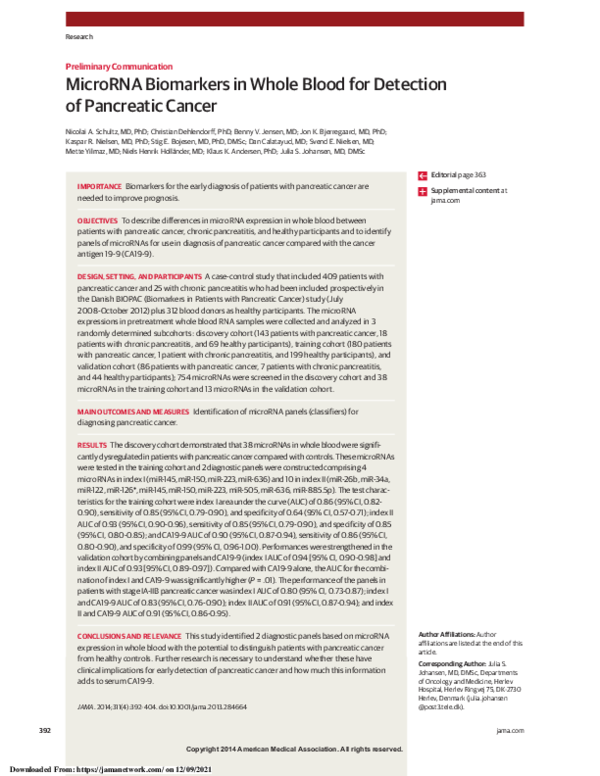 (PDF) MicroRNA Biomarkers in Whole Blood for Detection of Pancreatic ...