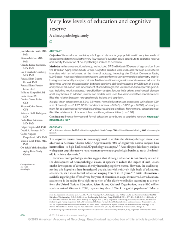 (PDF) Very low levels of education and cognitive reserve: A ...