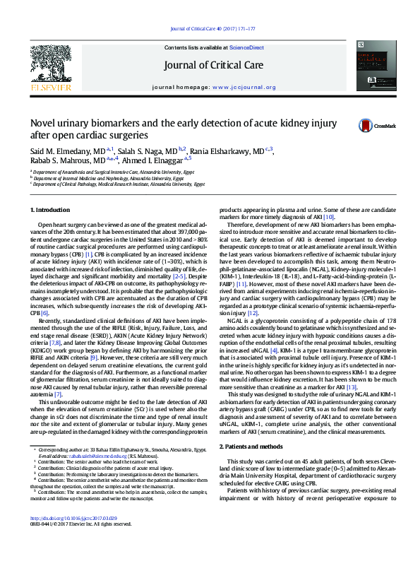 (PDF) Novel urinary biomarkers and the early detection of acute kidney injury after open cardiac ...