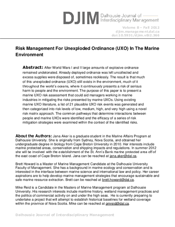 (PDF) Risk Management For Unexploded Ordinance (UXO) In The Marine ...