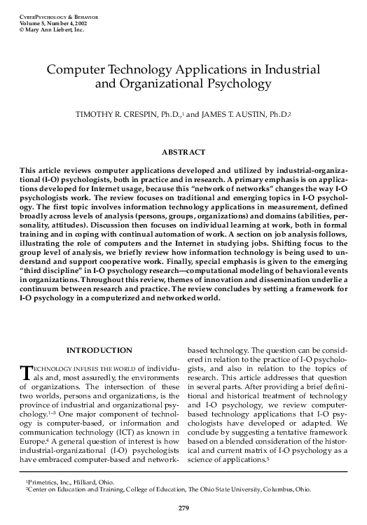 (PDF) Computer Technology Applications in Industrial and Organizational Psychology