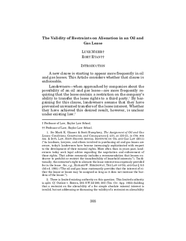 (PDF) The Validity of Restraints on Alienation in an Oil and Gas Lease