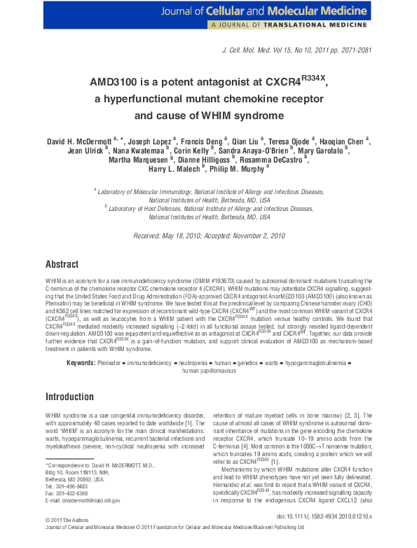 (PDF) AMD3100 is a Potent Antagonist at CXCR4(R334X), a Hyperfunctional ...
