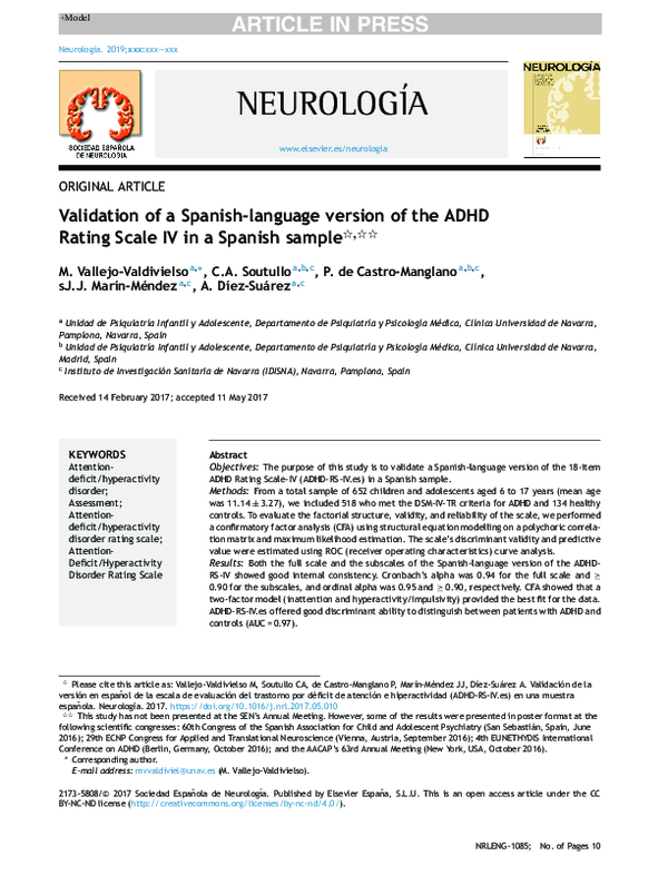 (PDF) Validation of a Spanish-language version of the ADHD Rating Scale ...