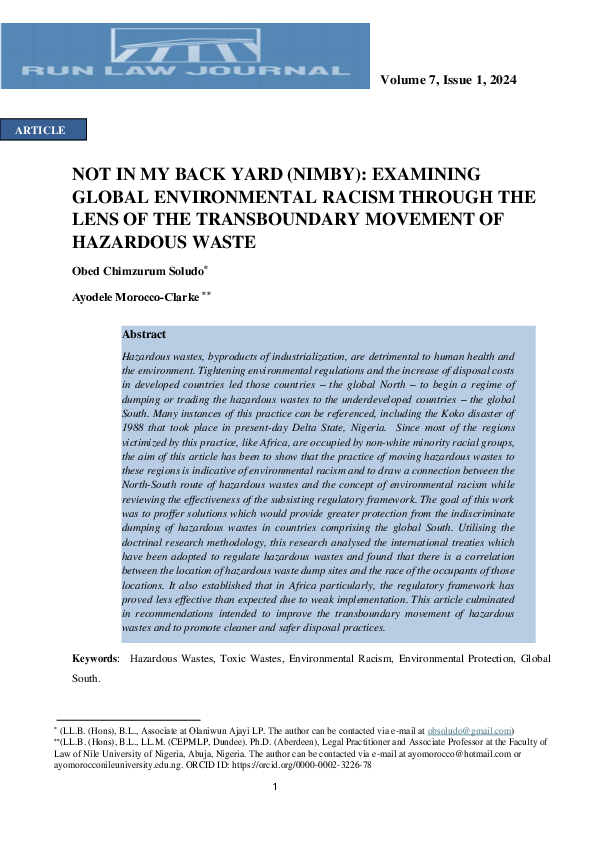 (PDF) Not in my Backyard (NIMBY): Examining Global Environmental Racism ...