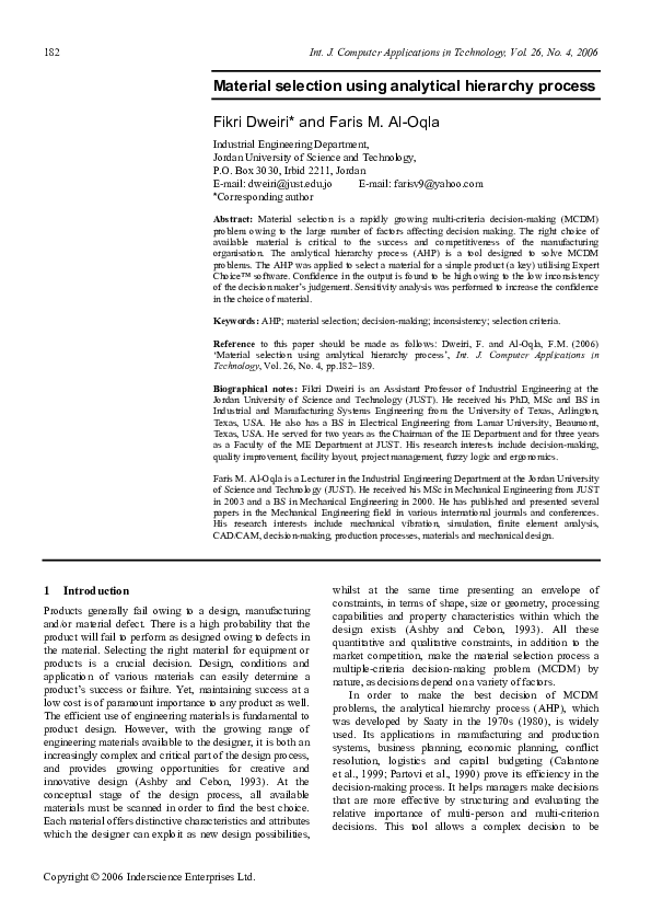 Pdf Material Selection Using Analytical Hierarchy Process