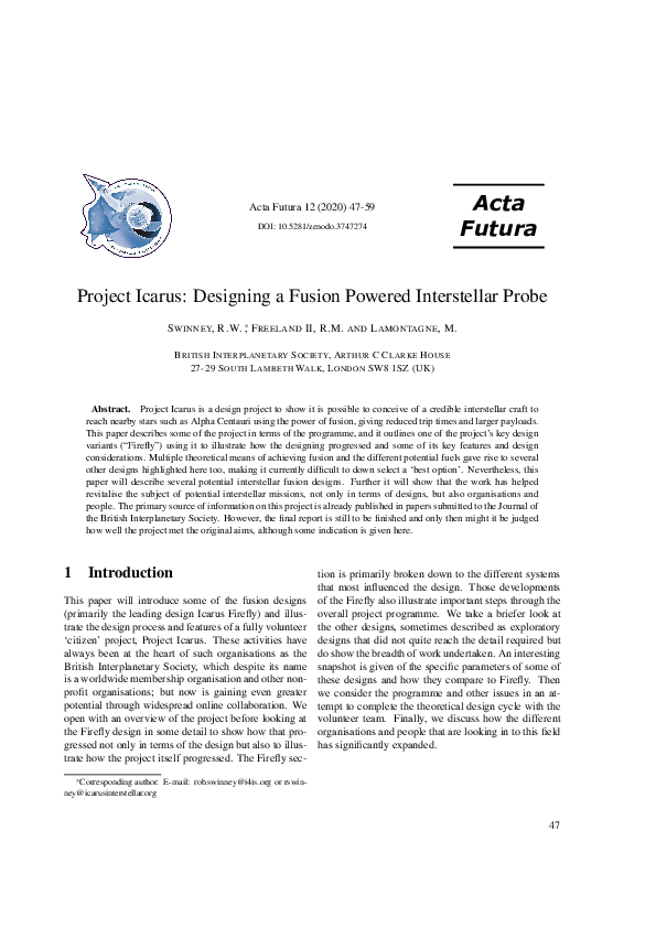 (PDF) Project Icarus: Designing a Fusion Powered Interstellar Probe