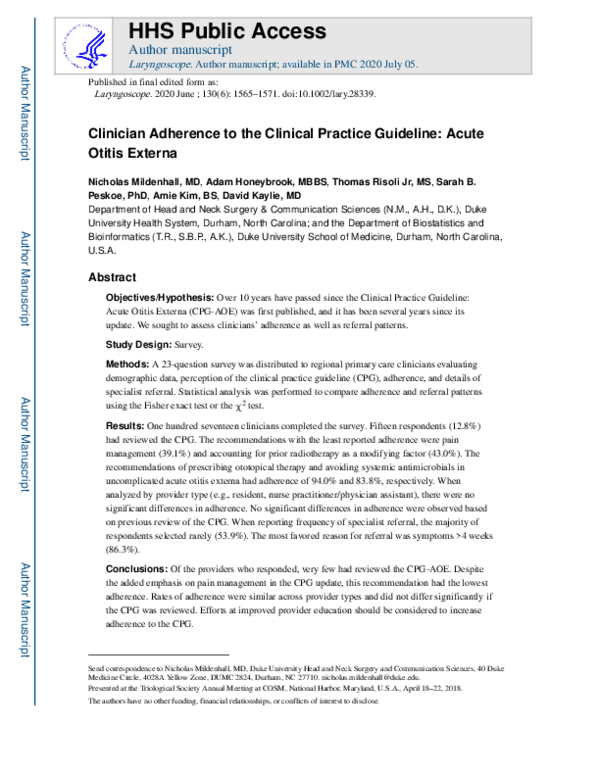 (PDF) Clinician adherence to the clinical practice guideline: Acute otitis externa | David ...