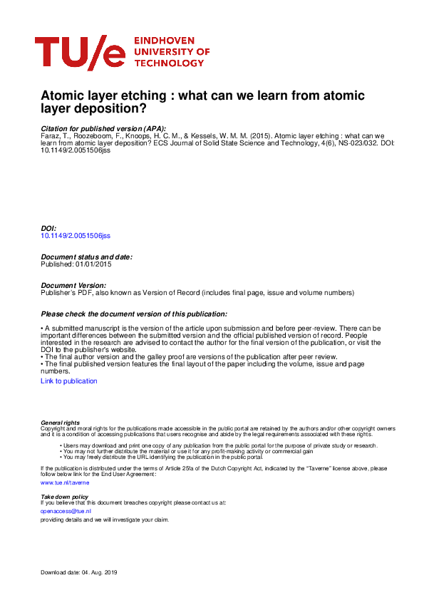 Pdf Atomic Layer Etching What Can We Learn From Atomic Layer Deposition