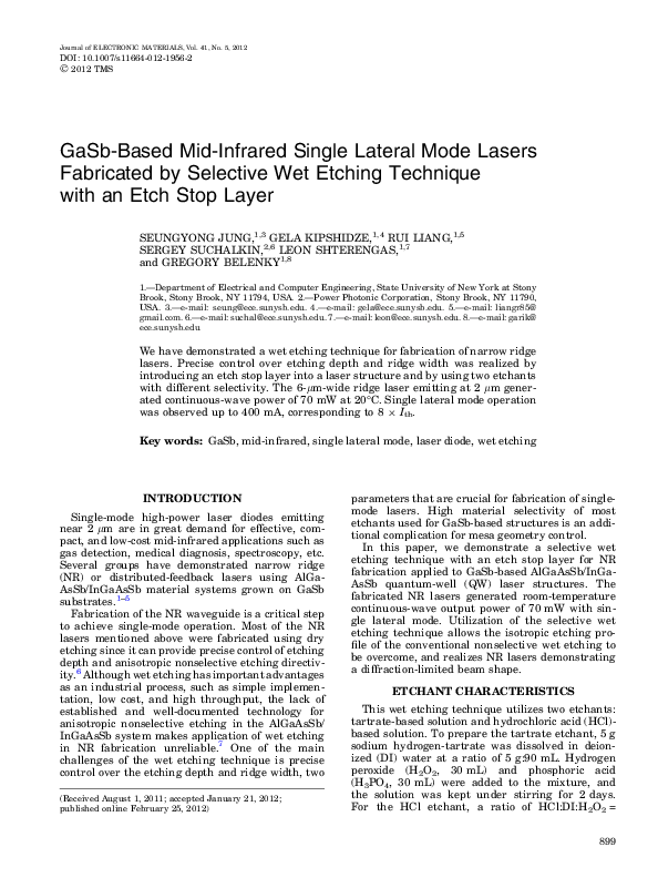 (PDF) GaSb-Based Mid-Infrared Single Lateral Mode Lasers Fabricated by ...