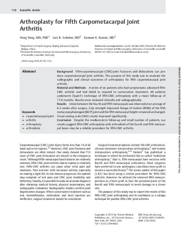 (PDF) Arthroplasty for Fifth Carpometacarpal Joint Arthritis | Luis ...