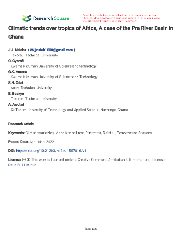 (PDF) Climatic trends over tropics of Africa, A case of the Pra River ...