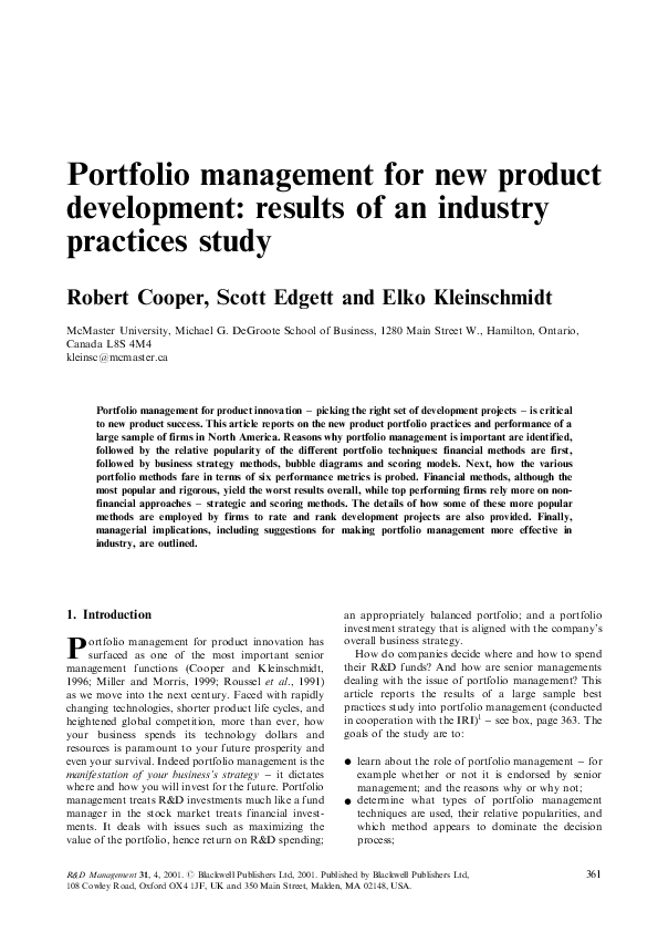 (PDF) Portfolio management for new product development: results of an ...
