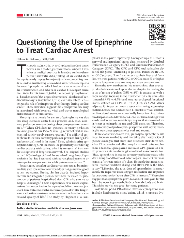 Pdf Questioning The Use Of Epinephrine To Treat Cardiac Arrest