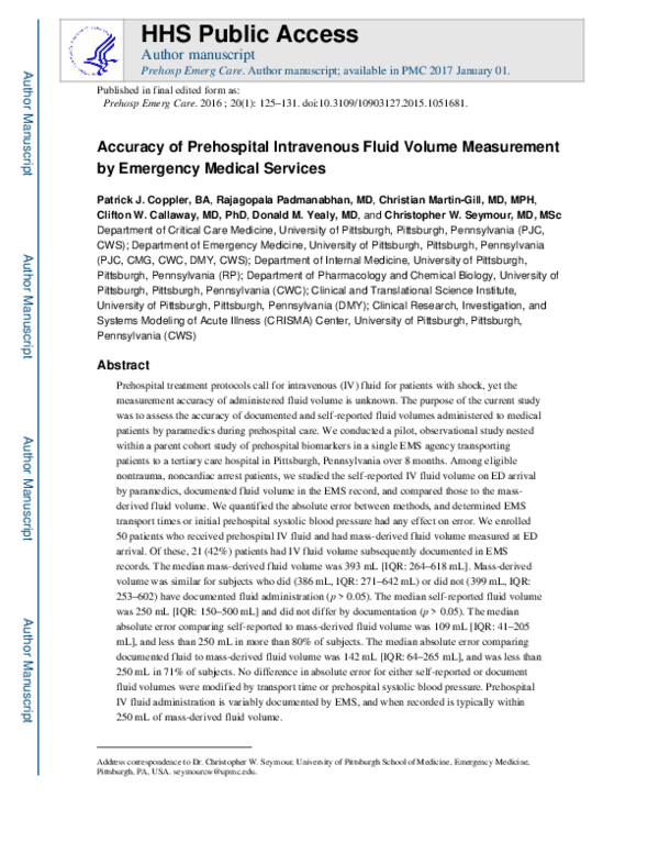 (PDF) Accuracy of Prehospital Intravenous Fluid Volume Measurement by ...