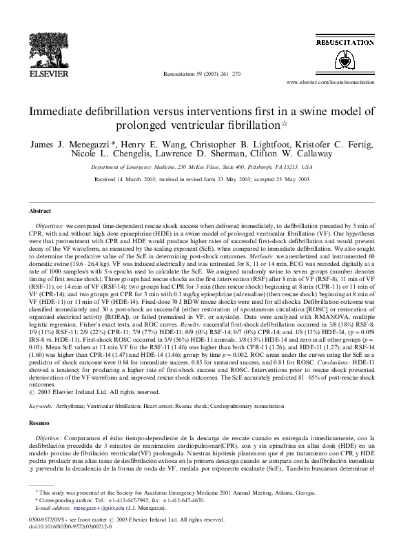 (PDF) Immediate defibrillation versus interventions first in a swine ...