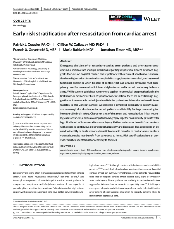 (PDF) Early risk stratification after resuscitation from cardiac arrest