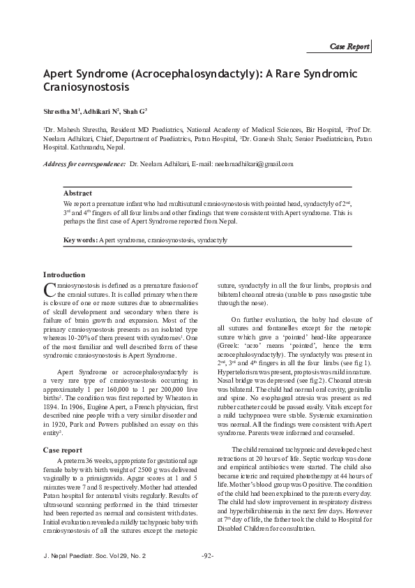 (PDF) Apert Syndrome (Acrocephalosyndactyly): A Rare Syndromic Craniosynostosis
