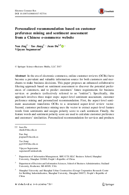 (PDF) Personalized recommendation based on customer preference mining and sentiment assessment ...