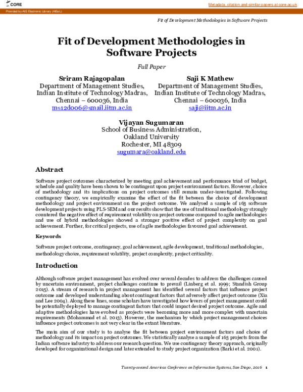 (PDF) Fit of Development Methodologies in Software Projects