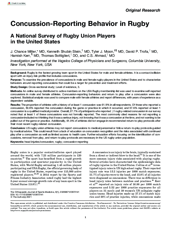 (PDF) Concussion-Reporting Behavior in Rugby: A National Survey of ...