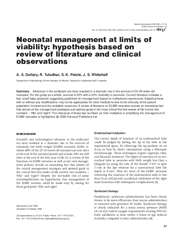 (PDF) Neonatal management at limits of viability: hypothesis based on ...