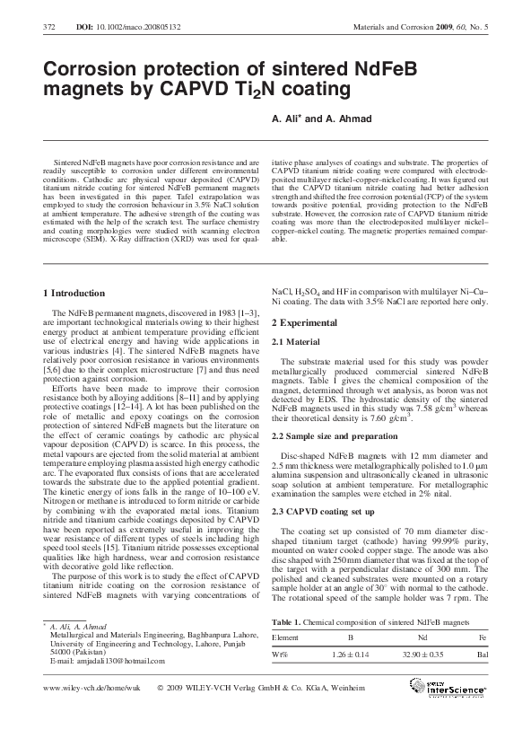 (PDF) Corrosion protection of sintered NdFeB magnets by CAPVD Ti2N coating