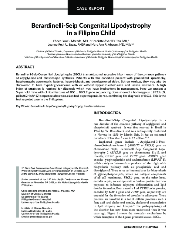 (PDF) Berardinelli-Seip Congenital Lipodystrophy in a Filipino Child