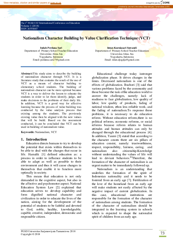 (PDF) Nationalism Character Building by Value Clarification Technique (VCT)