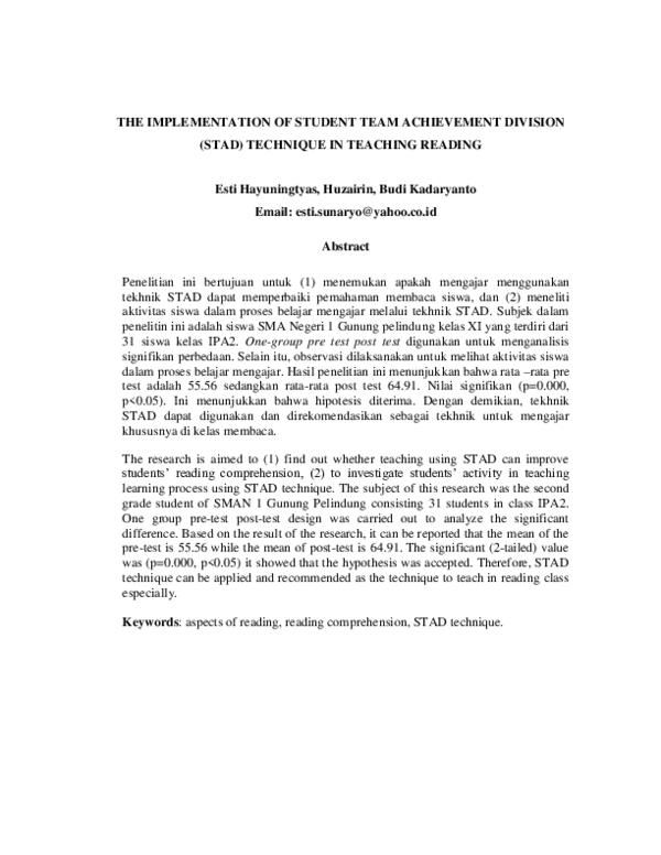 (PDF) The Implementation of Student Team Achievement Division (Stad) Technique in Teaching Reading