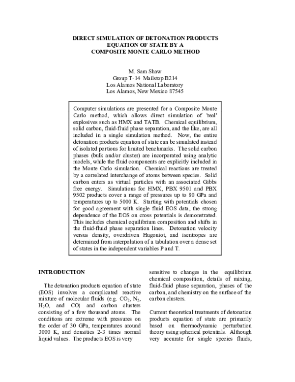 (PDF) Direct Simulation of Detonation Products Equation of State